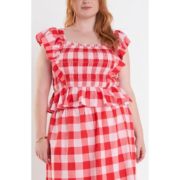 English Factory Gingham Smocked Ruffle Crop Top