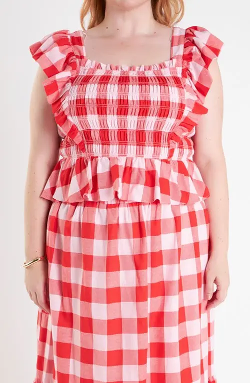 English Factory Gingham Smocked Ruffle Crop Top