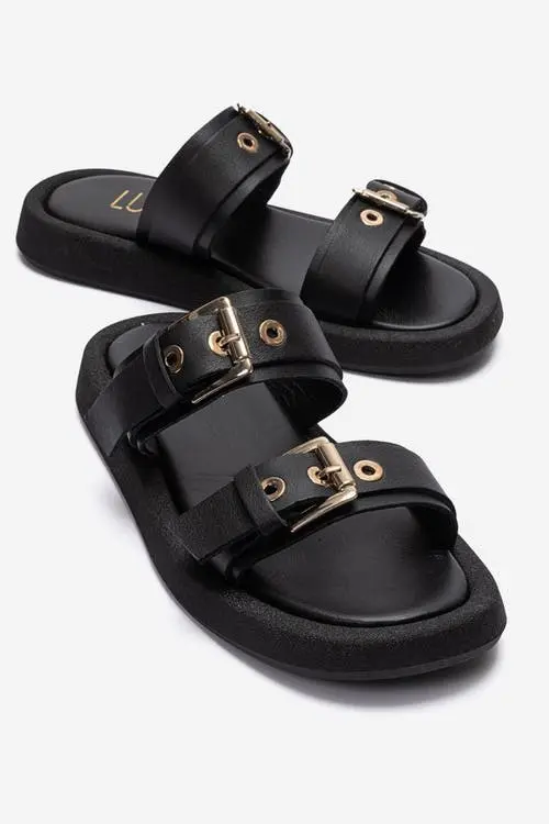 FOREVER & ALWAYS SHOES Dorel Leather Buckle Sandal - Black