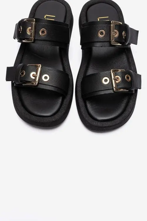 FOREVER & ALWAYS SHOES Dorel Leather Buckle Sandal - Black