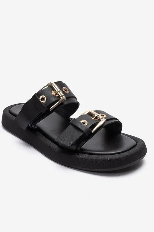 FOREVER & ALWAYS SHOES Dorel Leather Buckle Sandal - Black