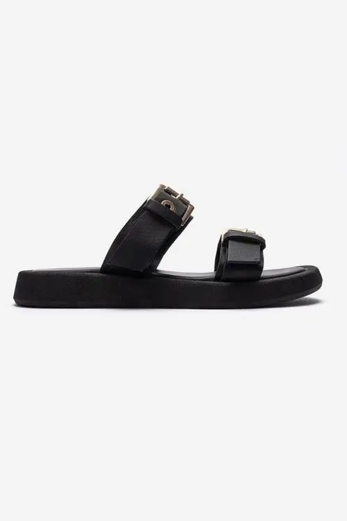 FOREVER & ALWAYS SHOES Dorel Leather Buckle Sandal - Black