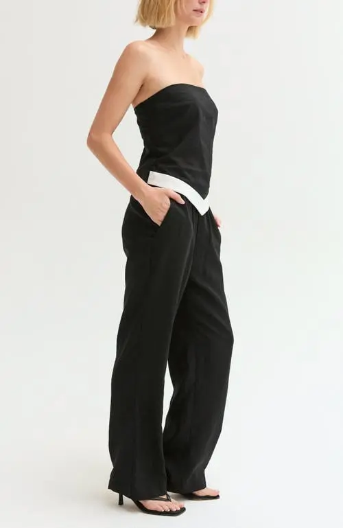 CRESCENT Linen Blend Straight Leg Drawstring Pants - Black
