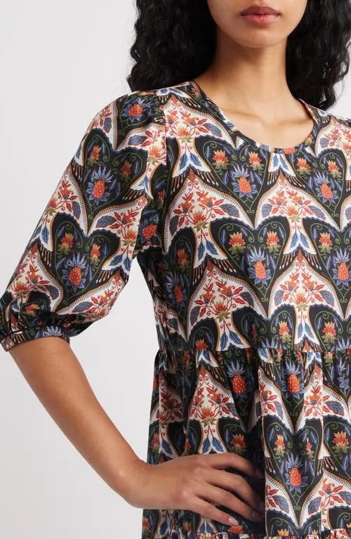 Farm Rio Porcelain Birds Print Puff Sleeve Minidress - Black