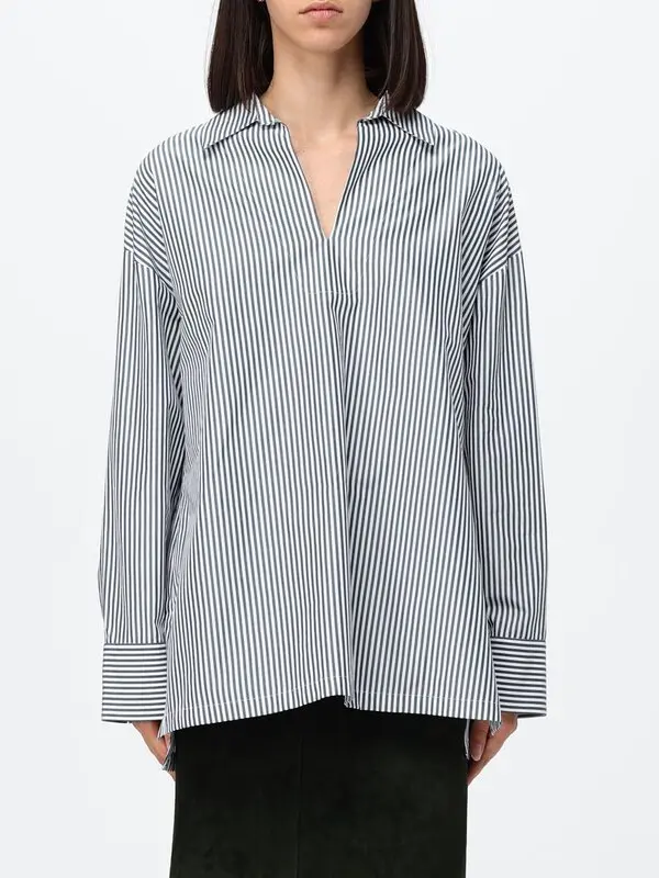 Max Mara Striped Cotton V-neck Relaxed Fit Blouse - Green