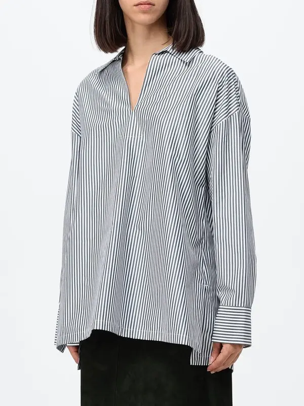 Max Mara Striped Cotton V-neck Relaxed Fit Blouse - Green