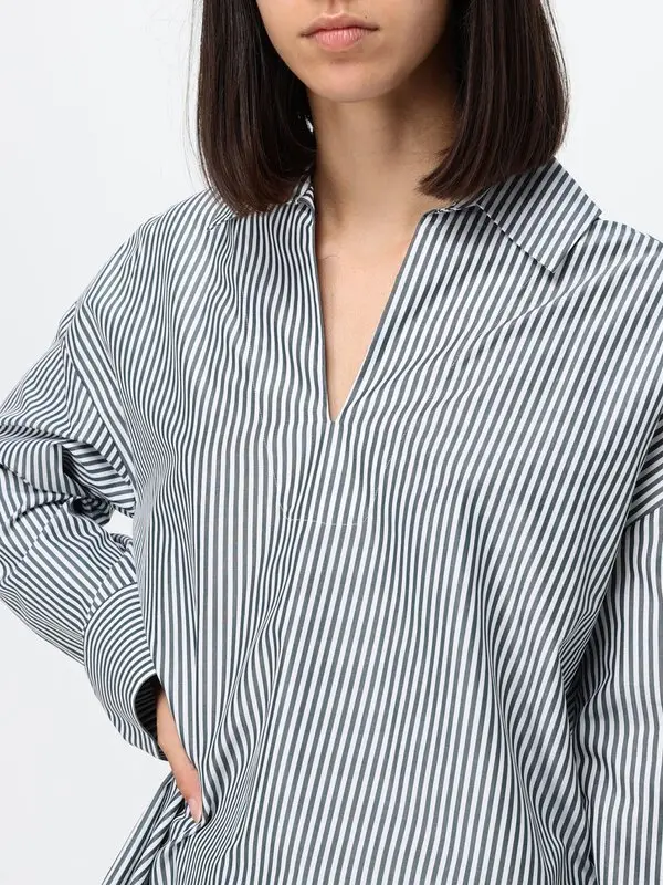 Max Mara Striped Cotton V-neck Relaxed Fit Blouse - Green