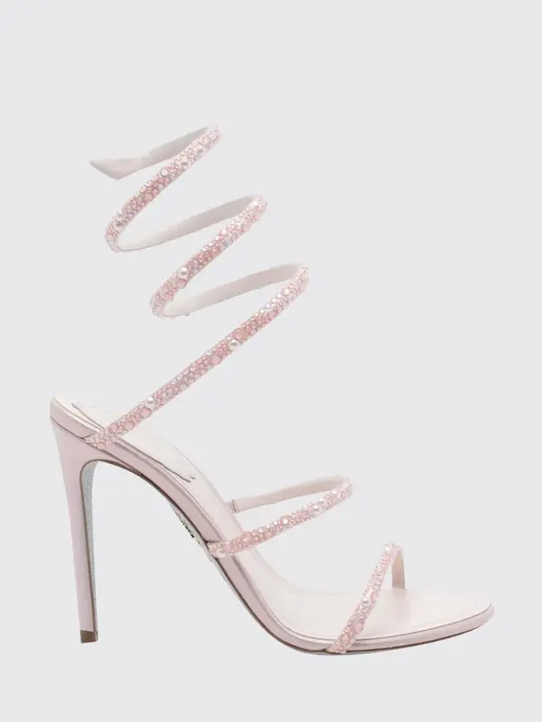 Rene Caovilla Rhinestone Embellished Satin Spiral Strap Stiletto Sandals - Pink