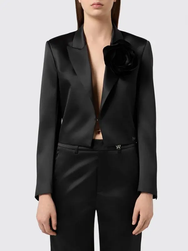 Philipp Plein Cropped Satin Blazer With Embellished Flower Detail