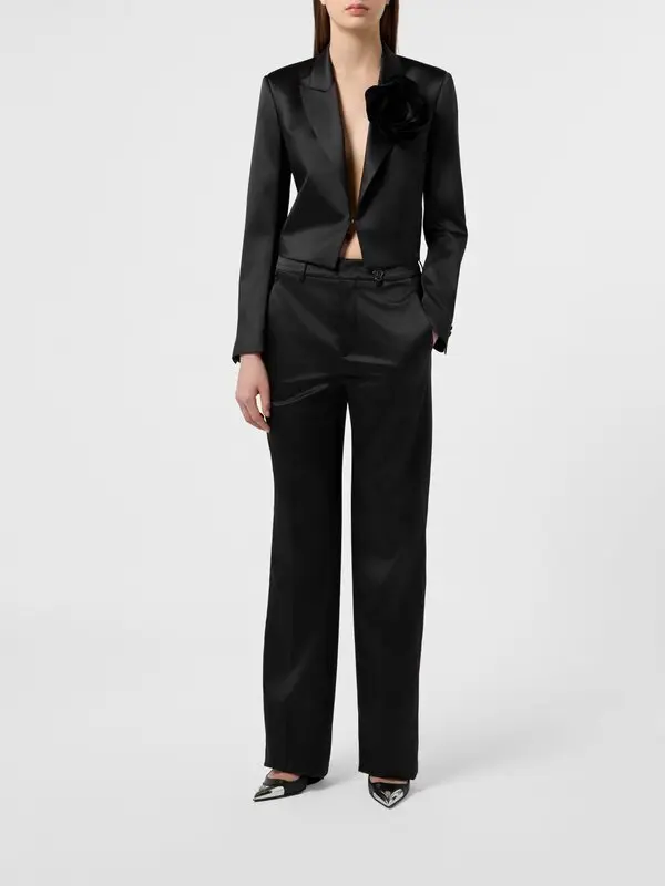 Philipp Plein Cropped Satin Blazer With Embellished Flower Detail