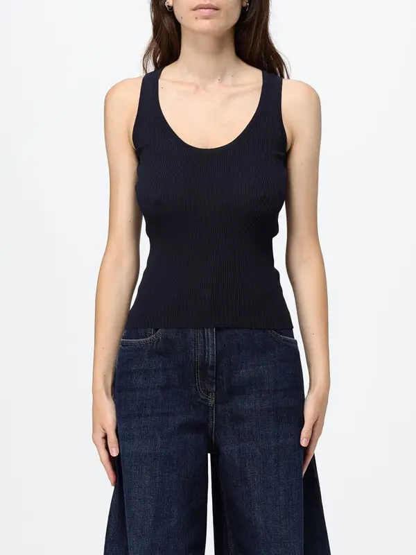 Max Mara Ribbed Cotton Knit U-neck Top - Navy