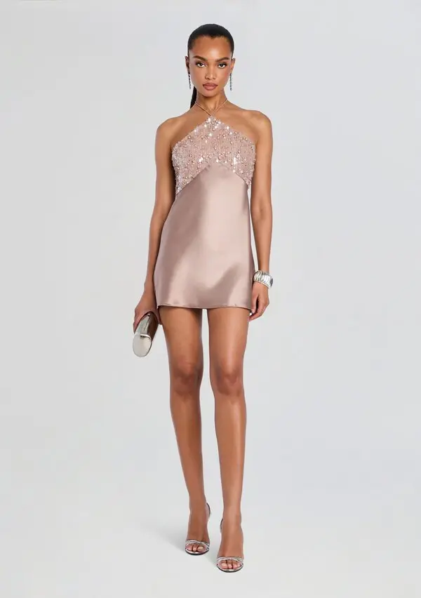 Retrofete Jeanne Embellished Halterneck Mini Dress - Truffle