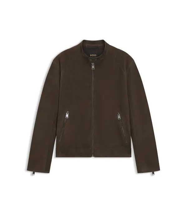 BOSS Suede Biker Jacket With Zippered Cuffs - Brown