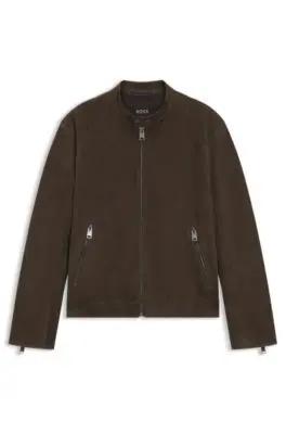 BOSS Suede Biker Jacket With Zippered Cuffs