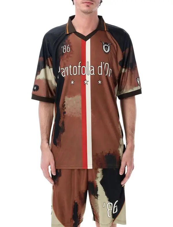 PANTOFOLA D'ORO Ribbed V-neck Polo T-shirt With Capsule-inspired African Geometry Graphic - Marrone