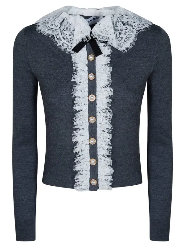 SELF-PORTRAIT Knit Cardigan With Statement Lace Collar - Grigio