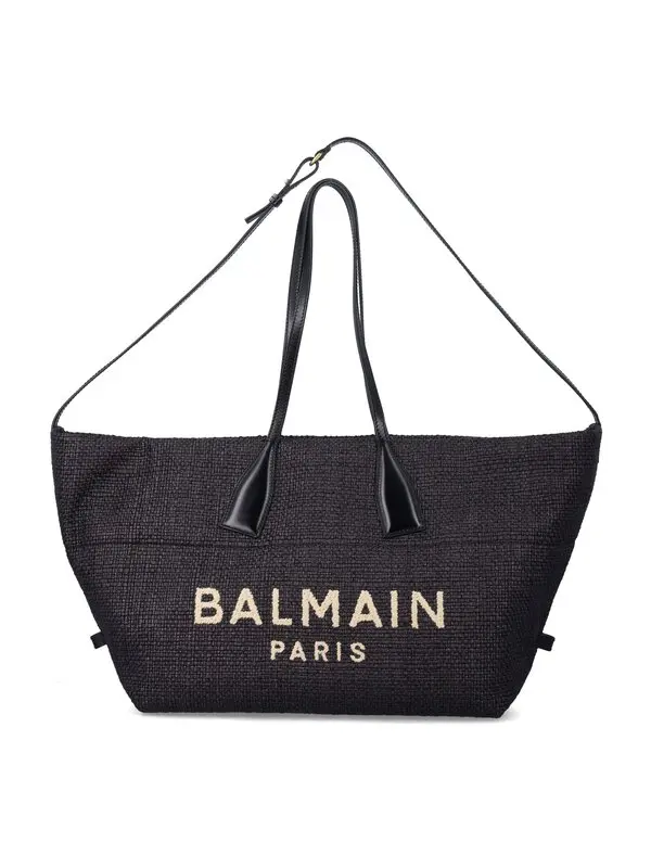 Balmain Structured Raffia Tote Handbag With Leather Trim - Nero