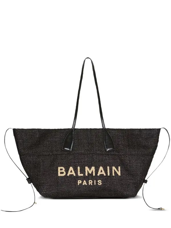 Balmain Structured Raffia Tote Handbag With Leather Trim - Nero
