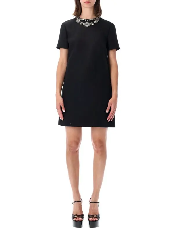 Valentino Garavani Mini Dress With Embellished Round Neck - Nero