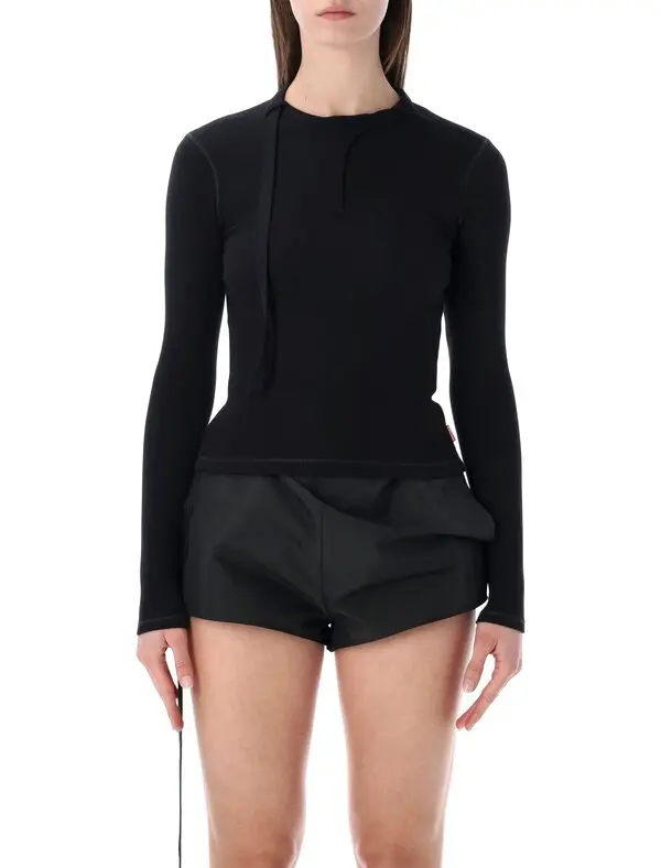 DIESEL® Ribbed Stretch Cotton Long-sleeve Zip Top With Tie-neck Strap - Nero