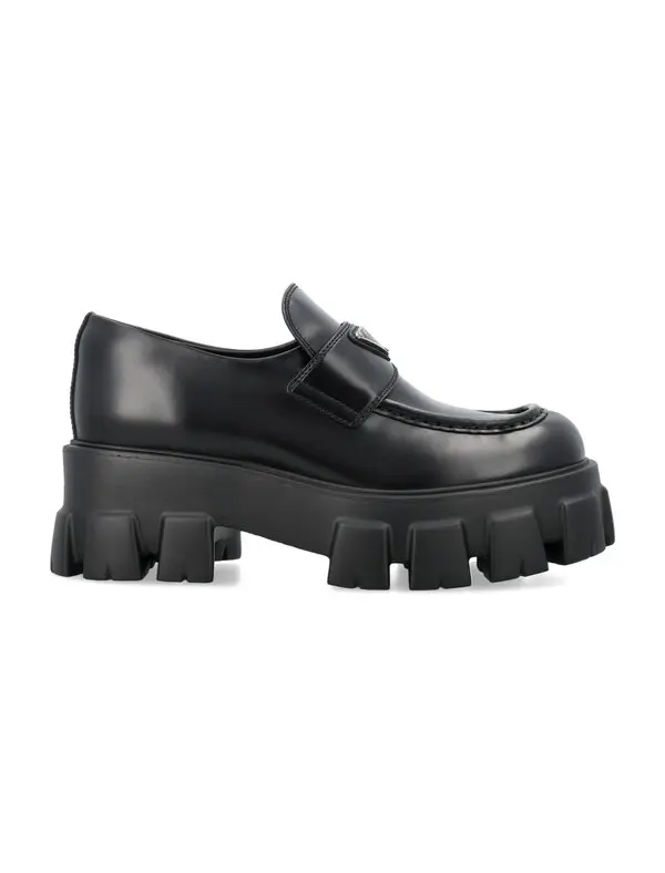 Prada Monolith Mini Brushed Leather Loafers With Triangle Logo & Chunky Rubber Sole