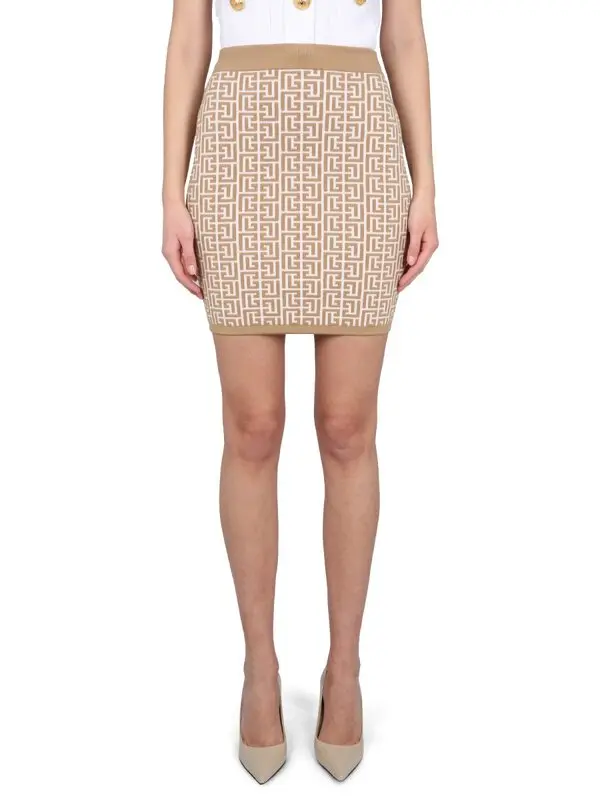 Balmain All-over Monogram Knitted Mini Skirt - Beige