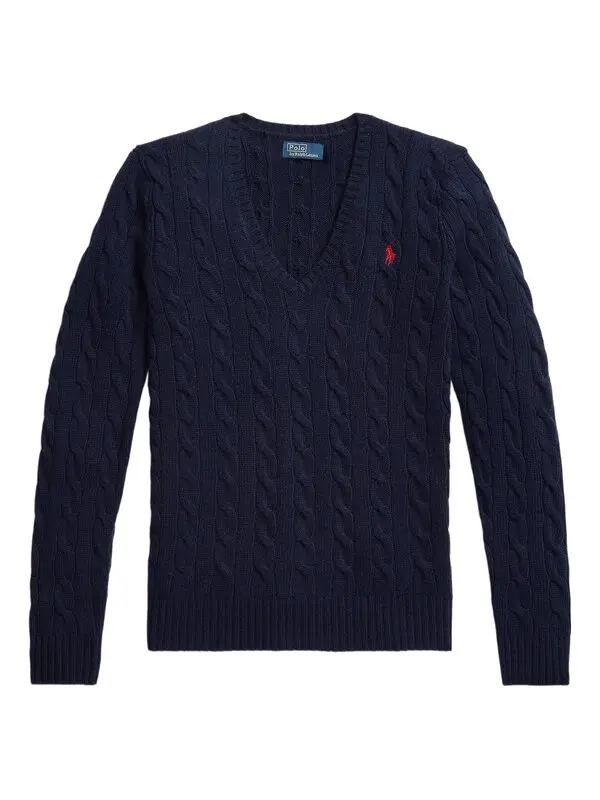 Polo Ralph Lauren Cable Knit V-neck Sweater With Embroidered Logo - Blu