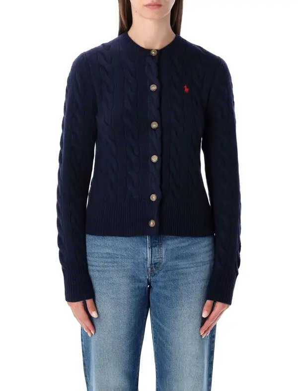 Polo Ralph Lauren Cable-knit Wool-cashmere Cardigan With Grosgrain Trim - Hunter Navy