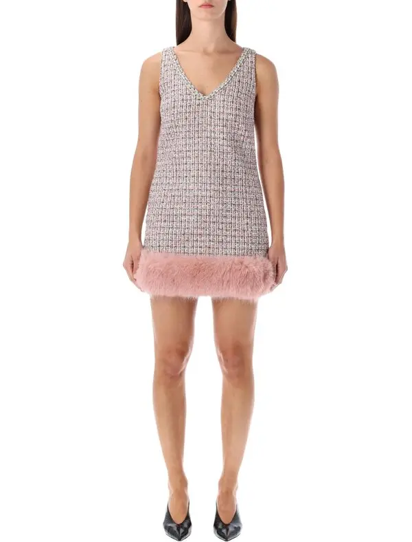 SELF-PORTRAIT Bouclé Mini Dress With Faux Fur Hem And Chain Trim - Rosa