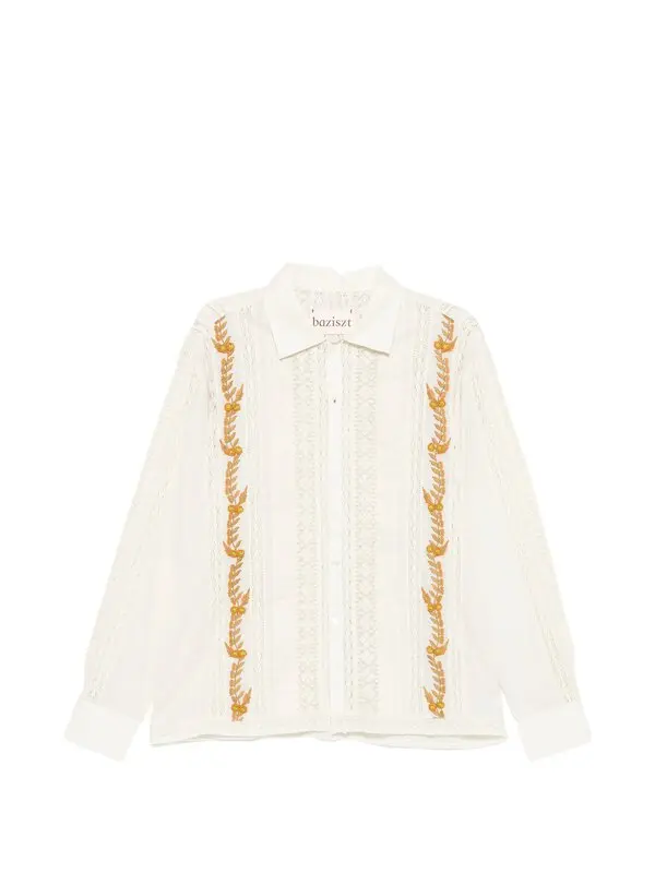 BAZISZT Classic Long Sleeve Shirt With Ruffle Trim - White