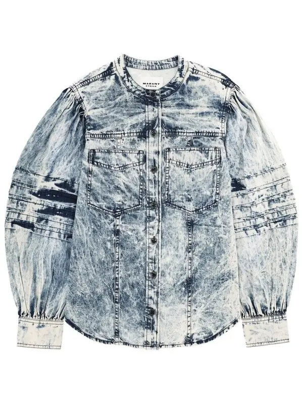 MARANT ETOILE Washed Cotton Button-front Blouse With Gathered Sleeves - Denim