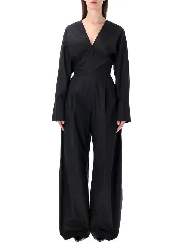 THE LATEST Tailored Poplin V-neck Jumpsuit With Cinched Waist And Wide-leg Trousers - Nero