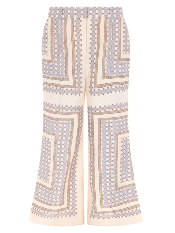 Zimmermann High-waisted Linen Bell-bottom Trousers With Printed Detail - Beige