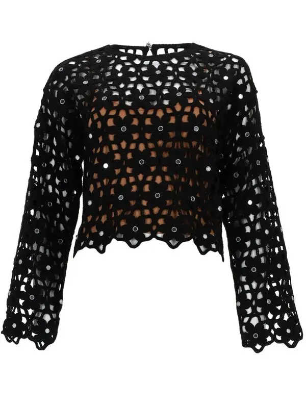 Michael Kors Long Sleeve Cropped Open-knit Embellished Top - Black