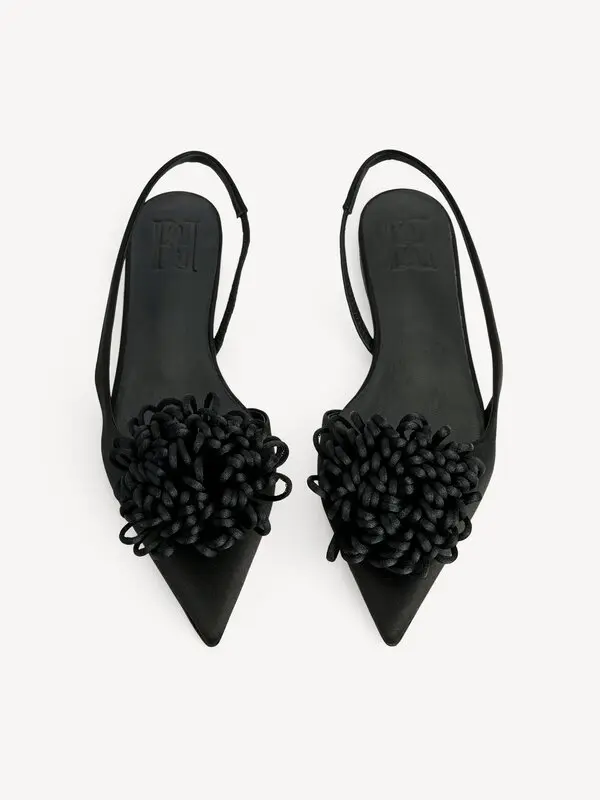 BY MALENE BIRGER Laili Satin Pointed Toe Slingback Flats With Pompom Detail