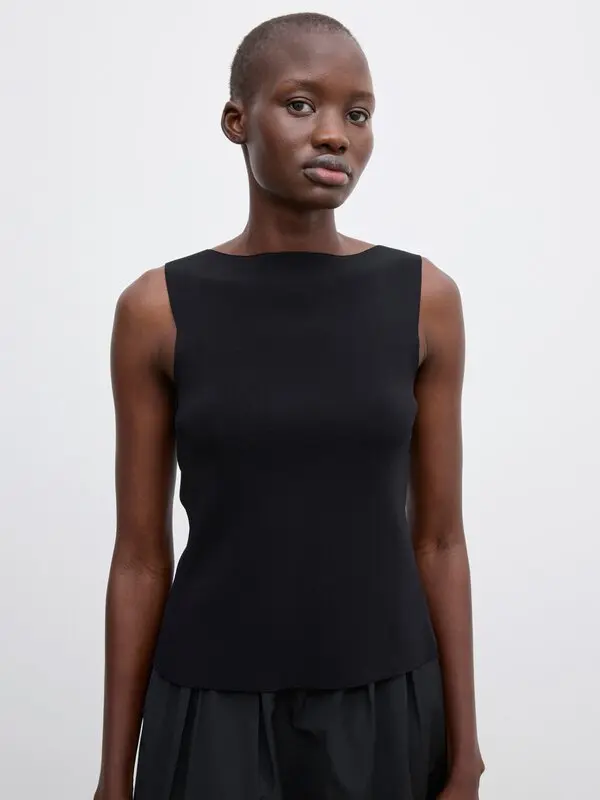 HOUSE OF DAGMAR Sleeveless Boat Neck Knit Top With Open Back Detail