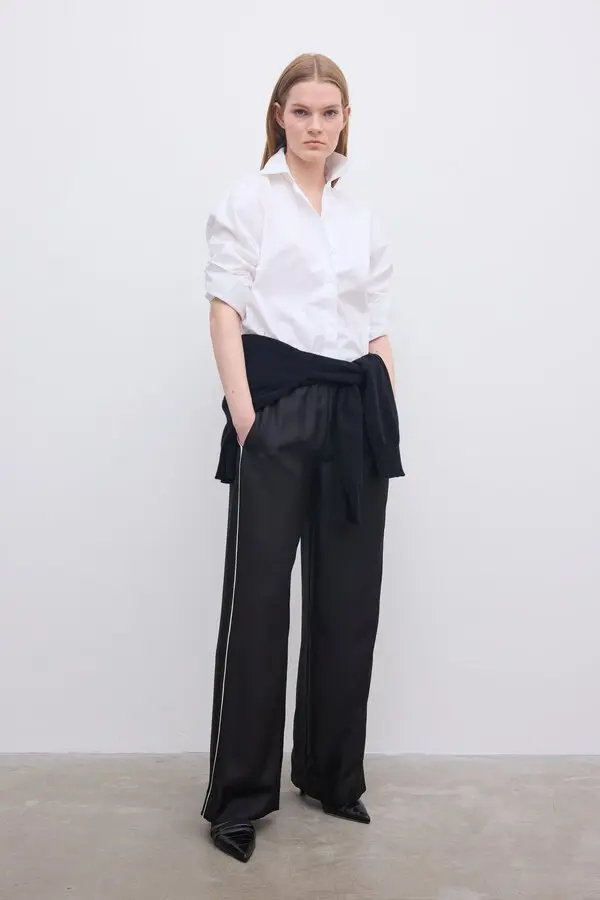 HOUSE OF DAGMAR Silk Twill Relaxed Trousers With Contrast Piping