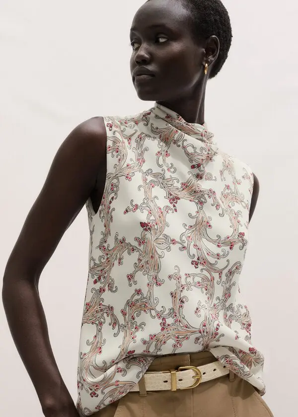 ME+EM Whimsical Bulbs Print Silk Cowl Neck Sleeveless Top Light Cream-multi