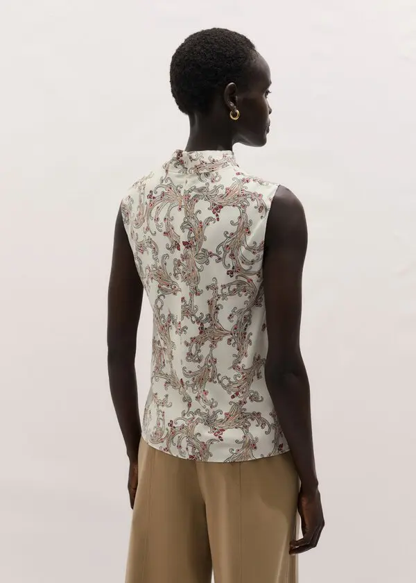 ME+EM Whimsical Bulbs Print Silk Cowl Neck Sleeveless Top Light Cream-multi