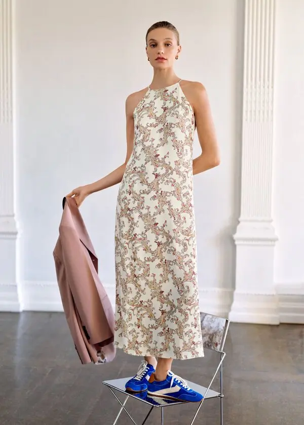 ME+EM Crepe Whimsical Bulbs Print Slim Maxi Dress Light Cream-multi
