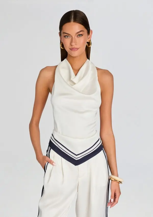 SEROYA Nicola Halter Neck Satin Top - Navy Tile