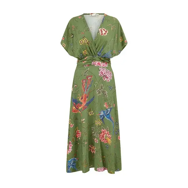 YUMI Bird And Floral Print Ruched Waist Kimono Midi Dress - Green