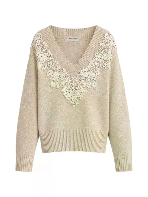 Alberta Ferretti Lace-trim V-neck Sweater - Neutrals