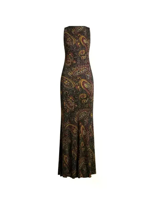 Etro Ribbed Long Dress With Floral Paisley-motif - Black