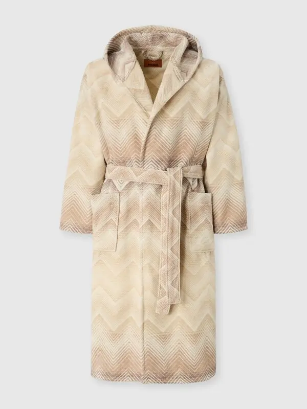 Missoni Marea Hooded Bathrobe In Cotton Terry With Chevron Pattern - Beige