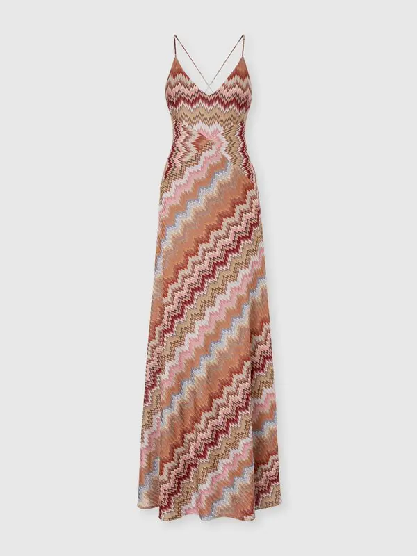 Missoni Long Dress With Crossed Straps In Chevron Viscose - Pink,rust