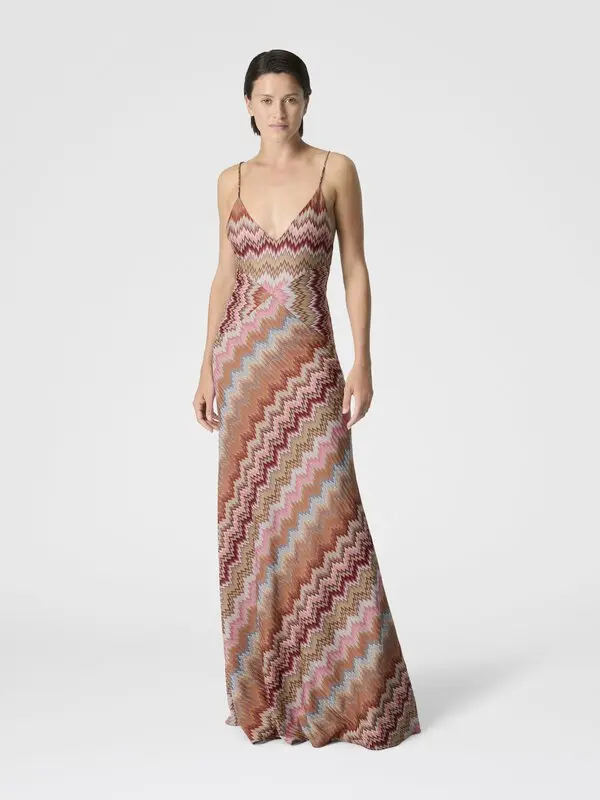 Missoni Long Dress With Crossed Straps In Chevron Viscose - Pink,rust