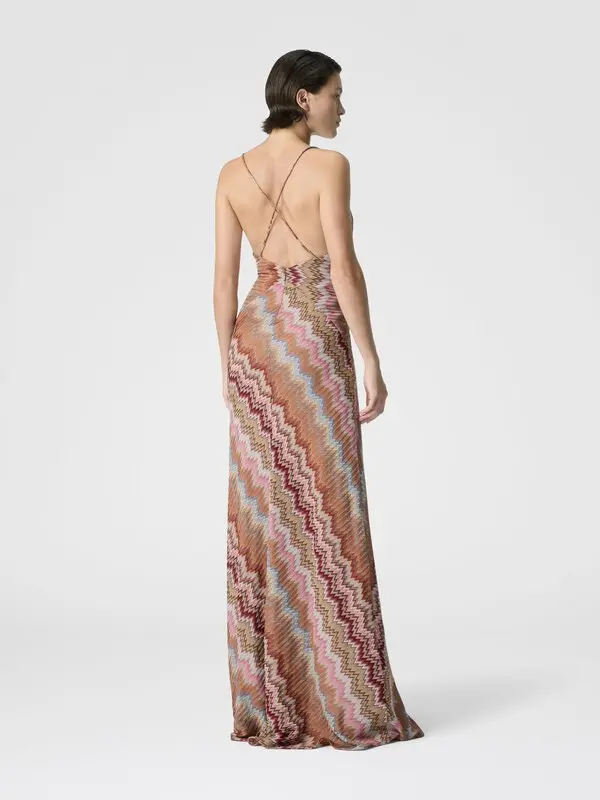 Missoni Long Dress With Crossed Straps In Chevron Viscose - Pink,rust