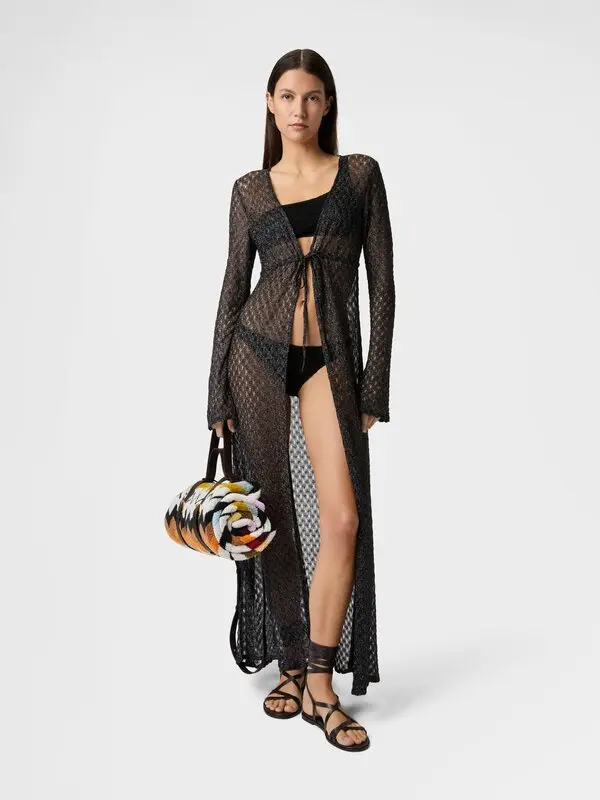 Missoni Long Cardigan In Lamé Viscose With Spiderweb Motif - Black