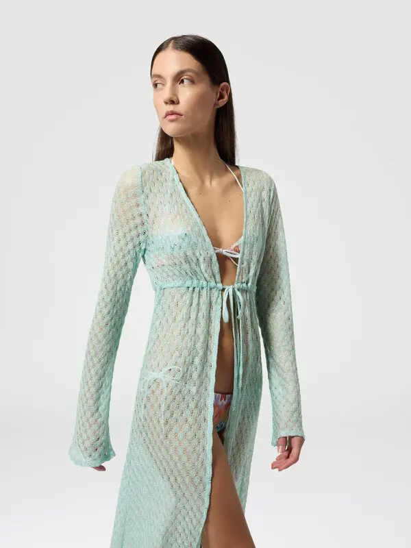 Missoni Long Cardigan In Lamé Viscose With Spiderweb Motif - Light Blue
